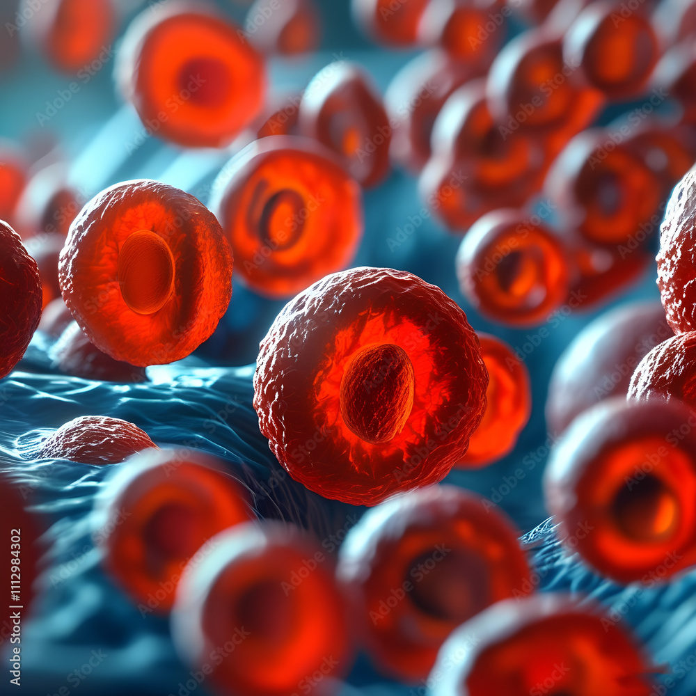 Red blood cells in the flow of blood. They are bright red, moving ...