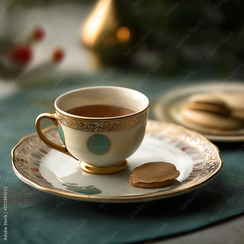 Elegant tea cup, saucer with gold accents, teal designs. Tea served ...