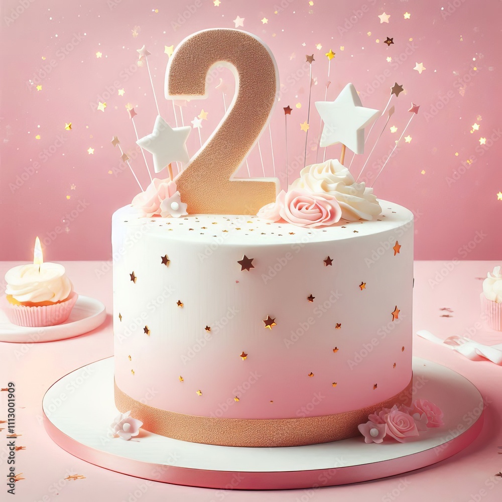 Birthday cake on a 2 years decorated with topper number one and stars ...