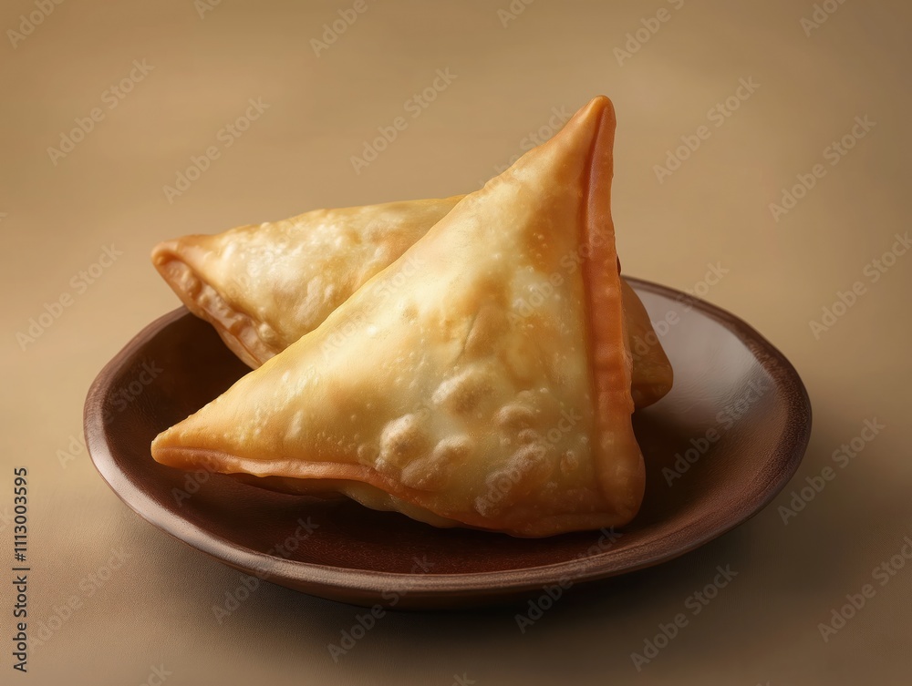 Two golden brown samosas sit on a dark brown plate. They look crispy ...