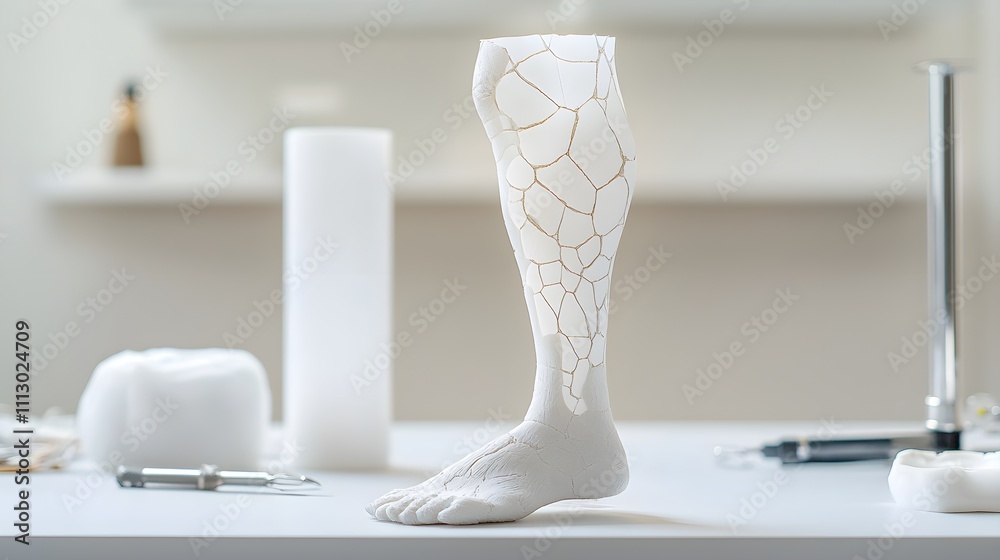 Leg in a newly applied plaster cast with subtle cracks from drying ...