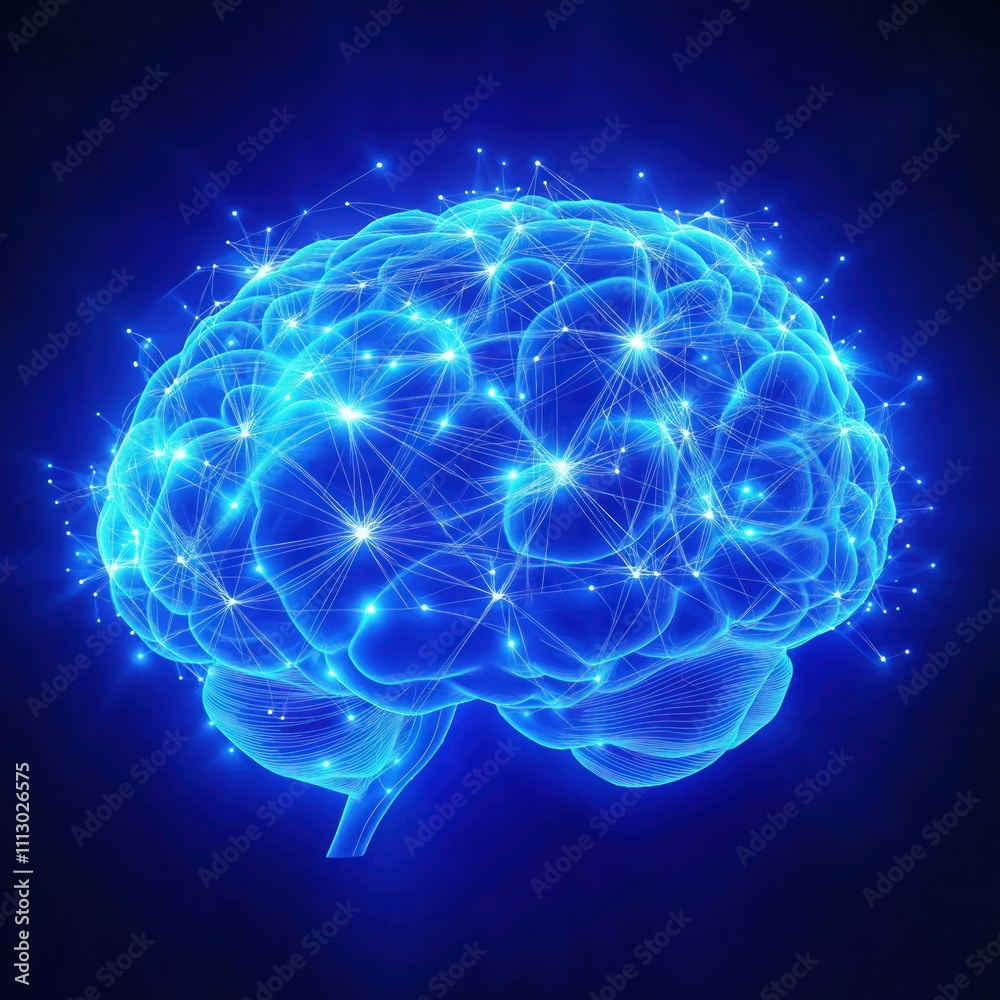 Blue glowing brain illustration shows complex network connections. Brain structure with light ...