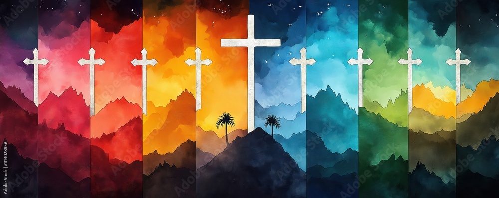 Mosaic style Christian poster shows multiple crosses on mountains with ...