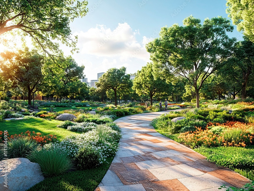 A color photograph showcases a well-maintained park or garden with a ...
