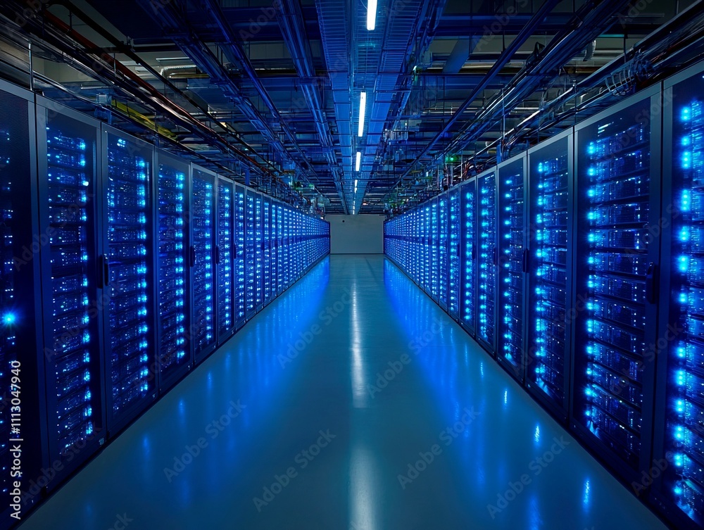 Image shows a server room with rows of active high-density servers ...