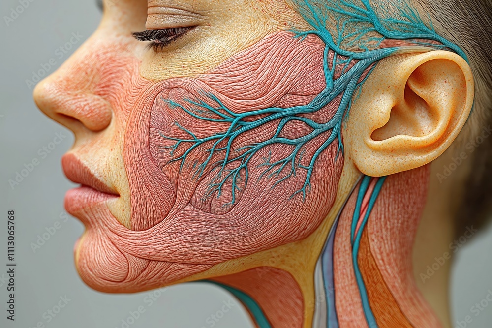 Educational illustration showing skin layers muscle nerve vessel. Close ...