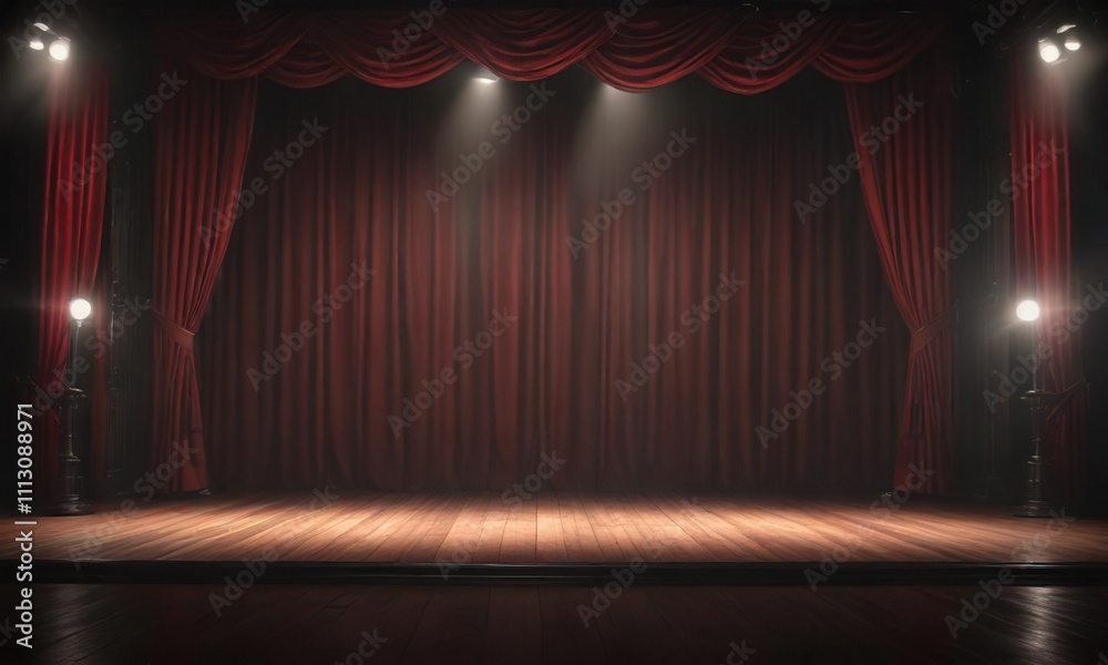 Dark theater stage with red velvet curtains and a single spotlight in ...