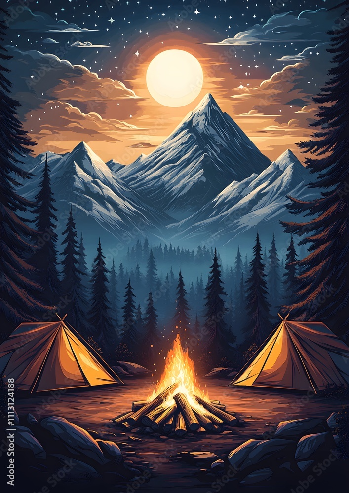Campfire under a starry night sky with majestic mountains in the ...
