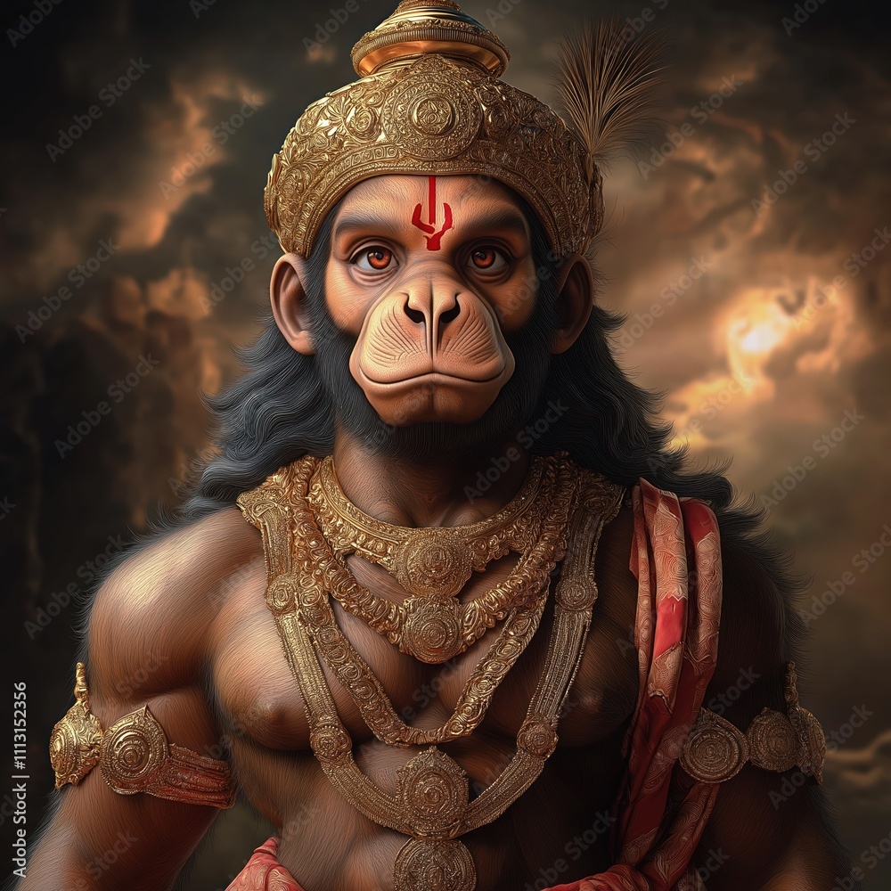 Powerful deity Hanuman portrayed with golden ornaments. Monkey god in ...
