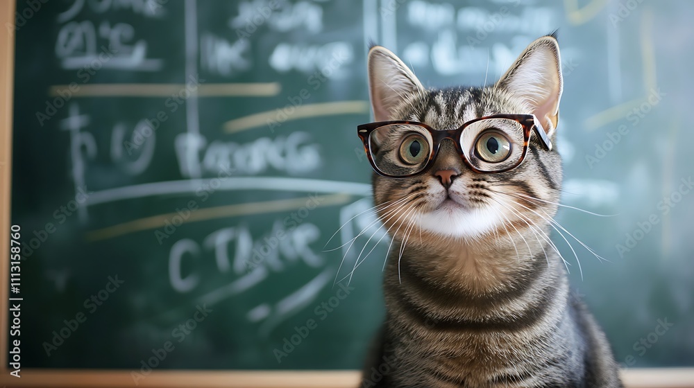cat with glasses teaching on the whiteboard, capturing intelligent and ...