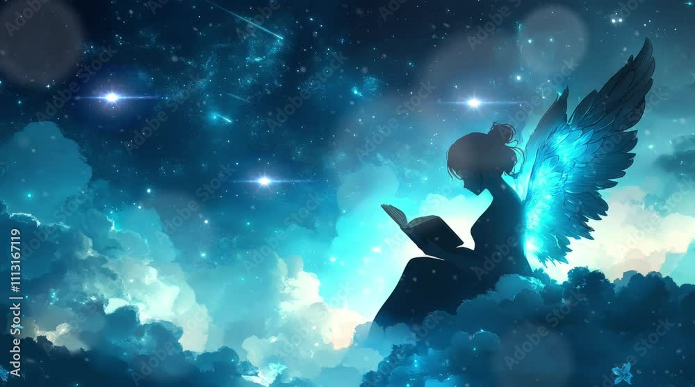 silhouette of an angel sitting on a cloud and reading a book at night ...