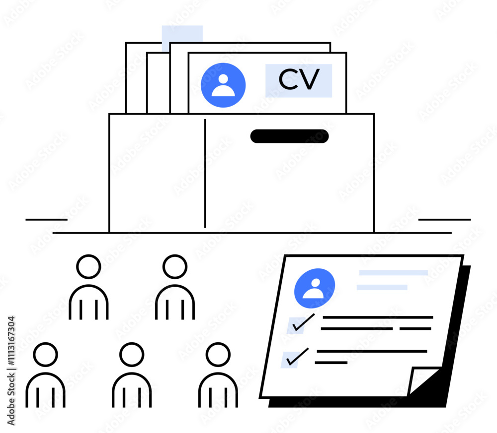 Documents in a box CV labeled file. Six applicants. Chosen CV with ...