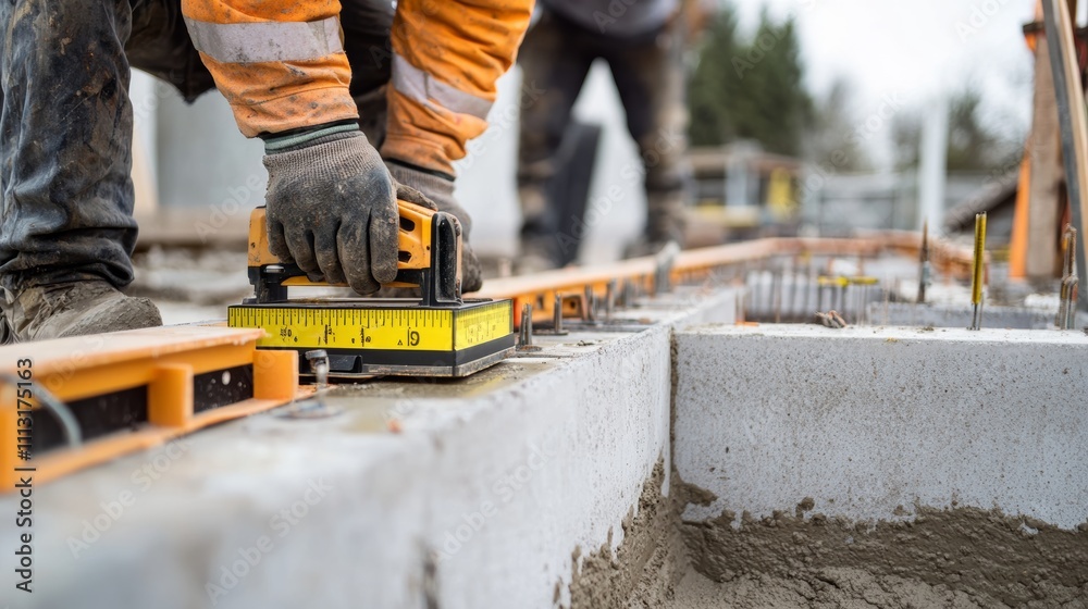 A close-up shot of a construction worker using a laser level to align ...