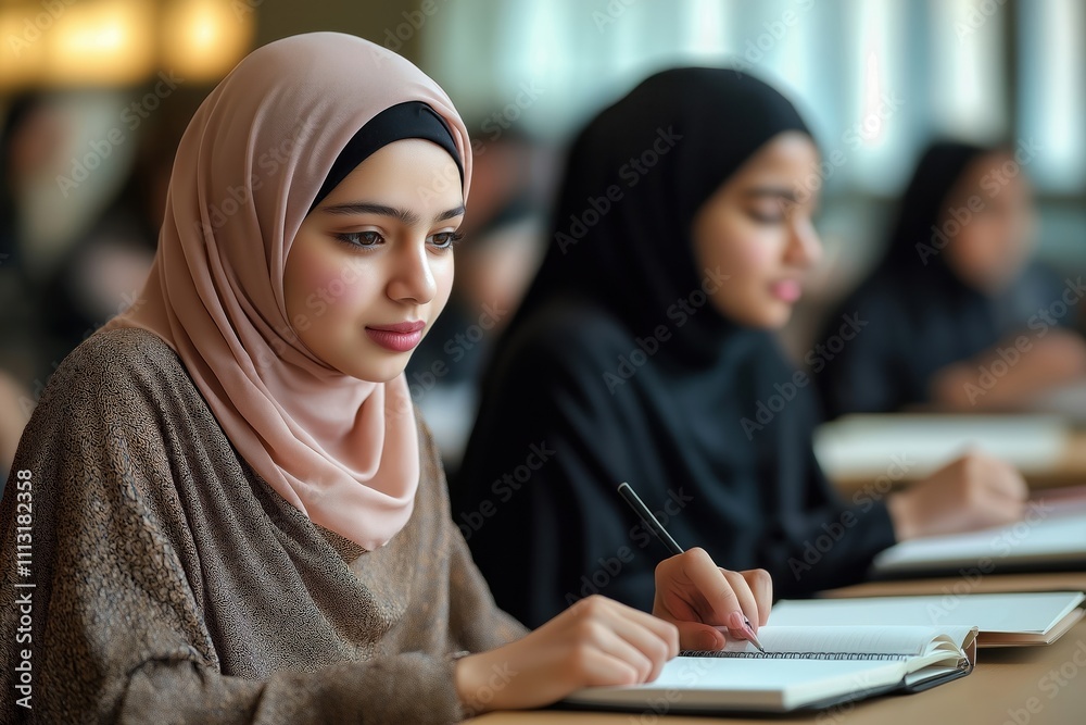 Muslim female students in classroom wear traditional clothes. Focused ...