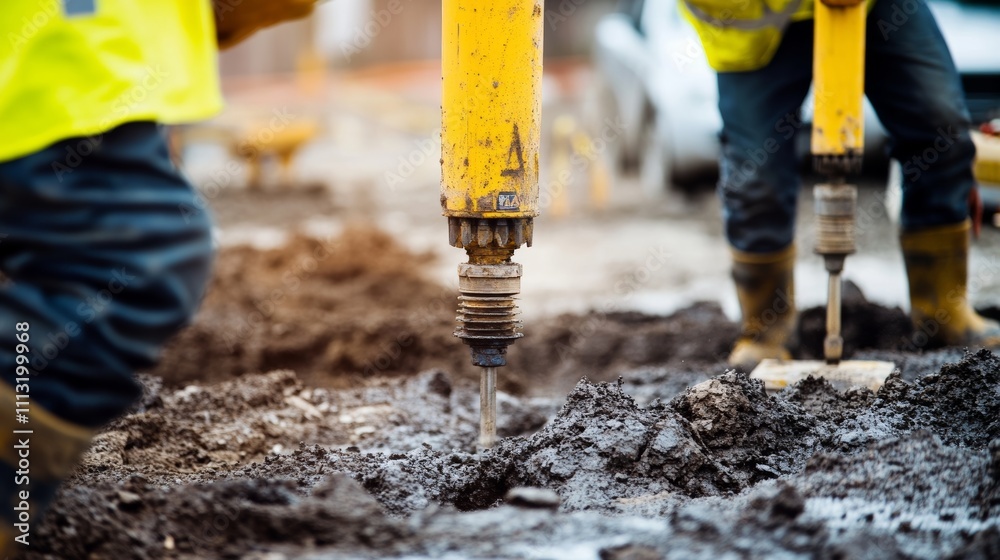 A detailed view of construction engineers conducting soil compaction ...
