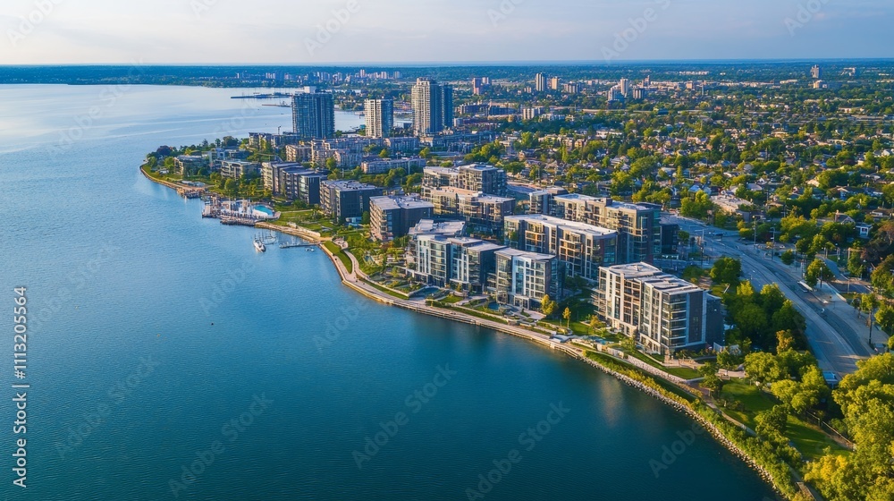 A dynamic aerial perspective of a coastal city undergoing waterfront ...