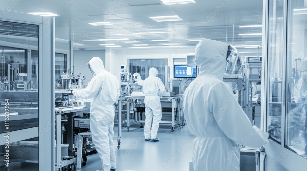 Foto de A high-tech semiconductor fabrication cleanroom with engineers ...