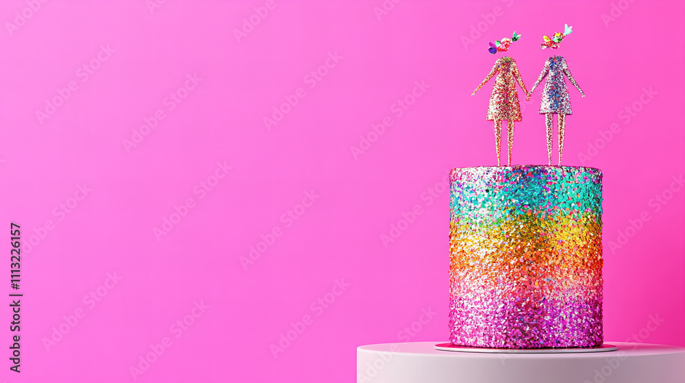 Colorful wedding cake with sparkling figurines celebrating love and ...