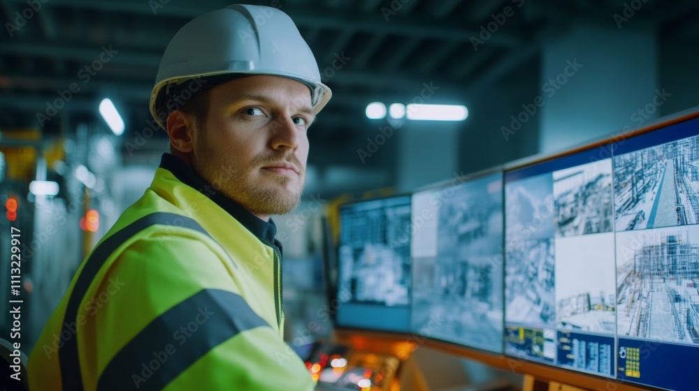 A portrait of a construction foreman in a control room overseeing ...