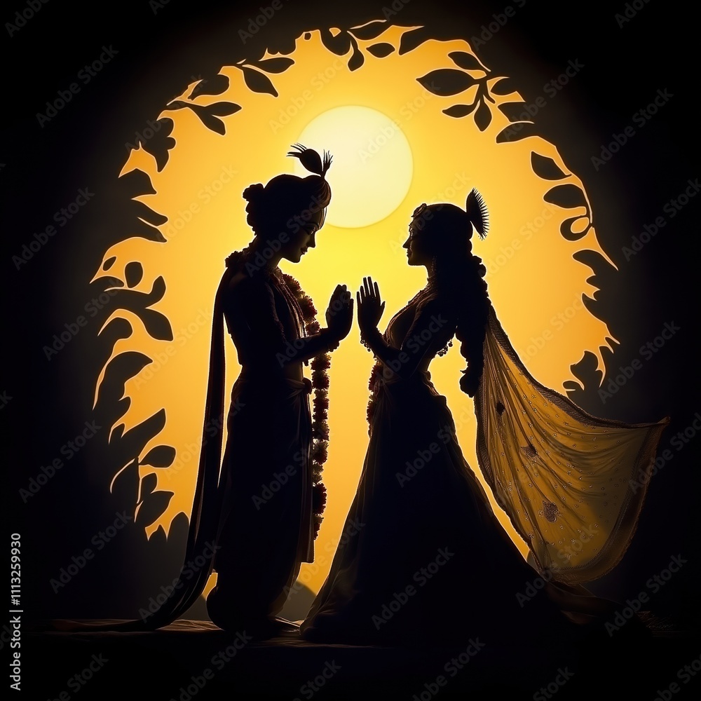 Lord Krishna, Goddess Radha in silhouette pose. Respectfully praying to ...