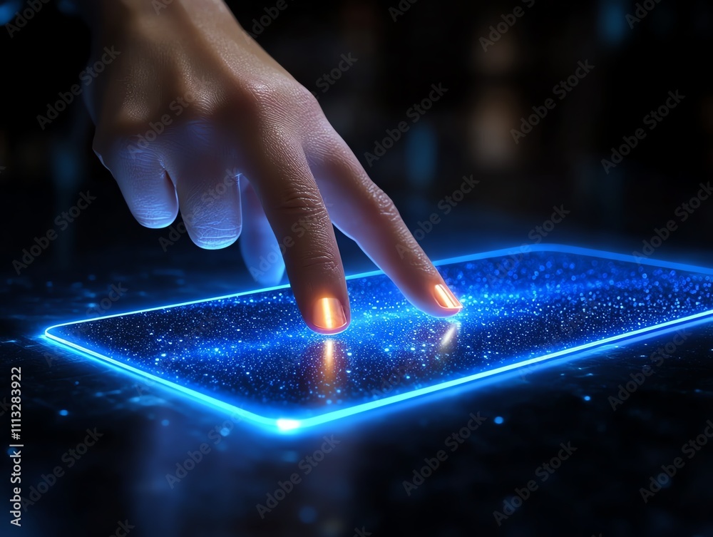 Touchpad glowing under user s fingers close up, control in touch ...