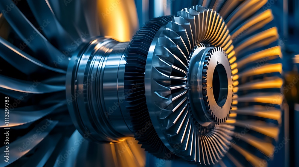 A close-up of a turbine engine, showcasing intricate metallic ...