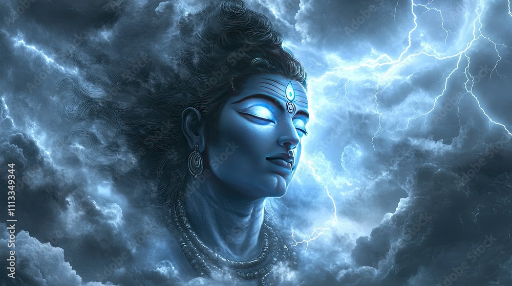 Thunder and lightning frame Lord Shiva majestic face in storm clouds ...