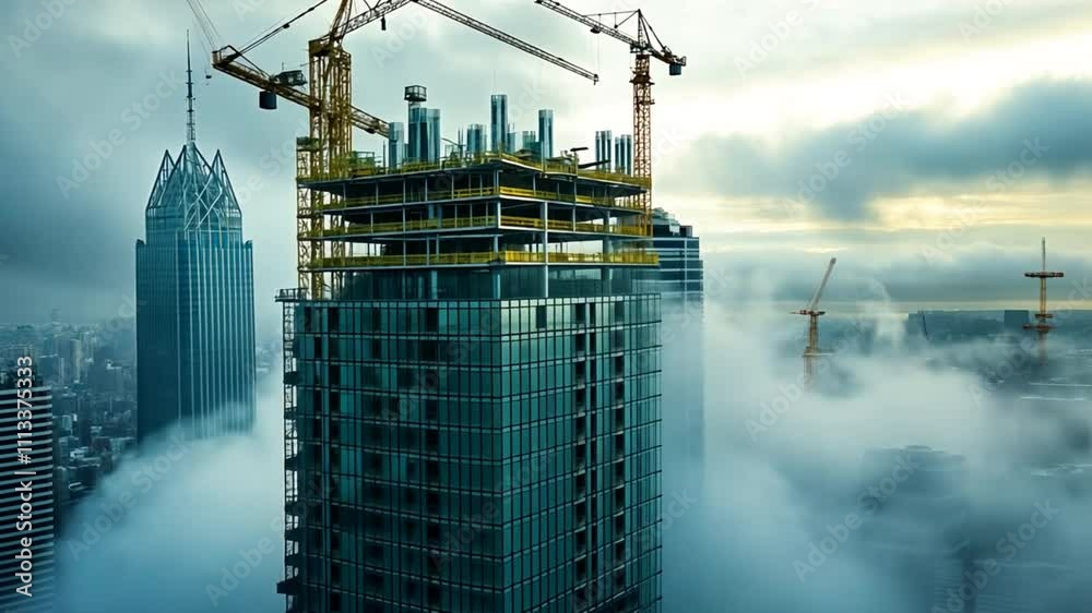 A towering skyscraper under construction, with cranes lifting steel ...
