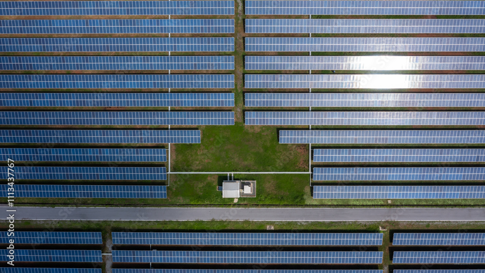 Aerial view solar panel hybrid power plant, Solar panel platform system ...