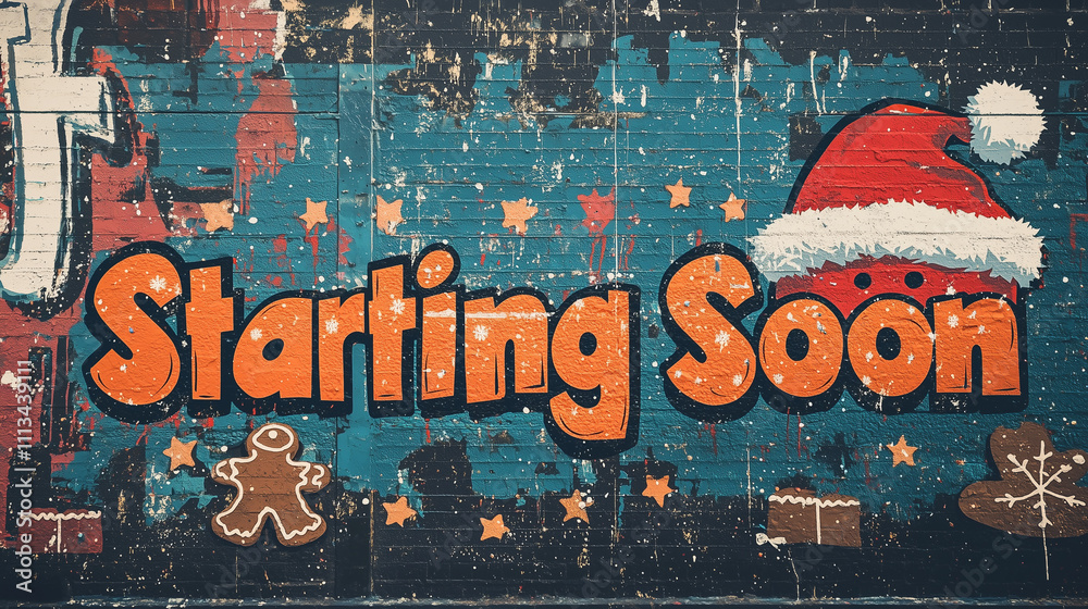 starting soon festive holiday announcement on brick wall, Streaming ...