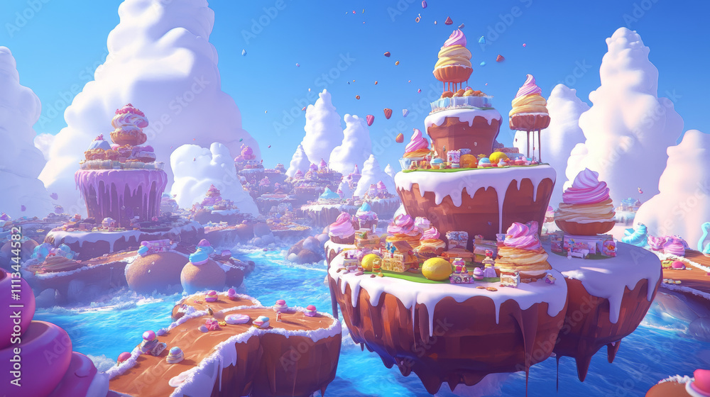 Chocolate candy land island for sweet game world. Fantasy cream cake ...