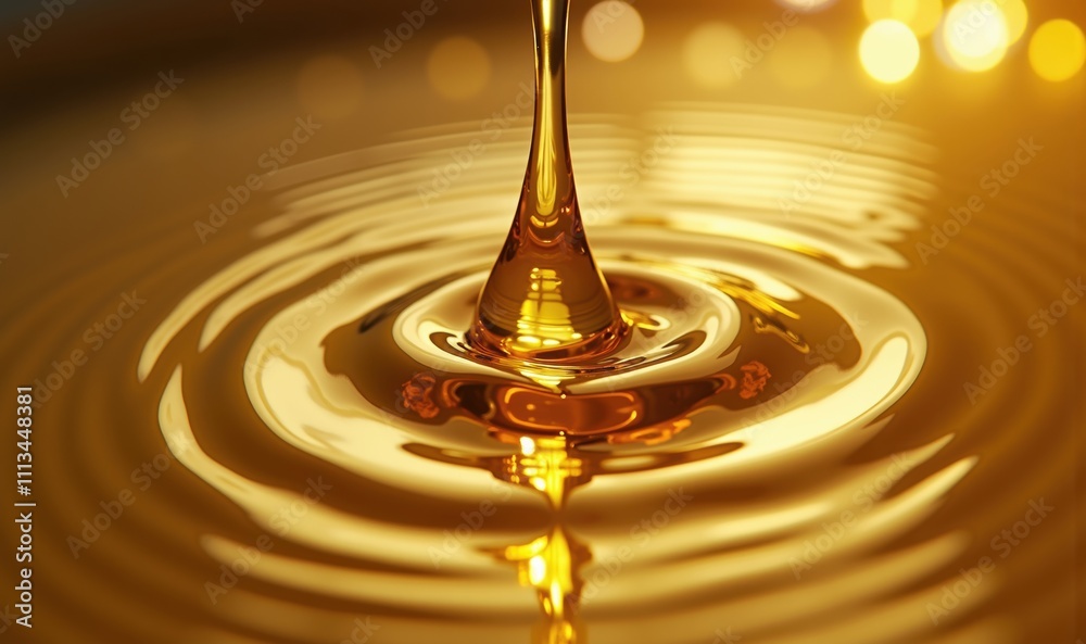 A close-up of golden liquid dripping into rippling water, creating ...
