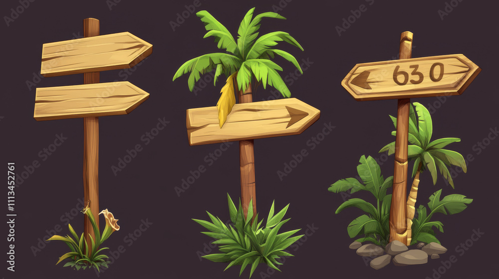 Wood pointer bamboo game ui frame vector. Direction arrow sign board on ...