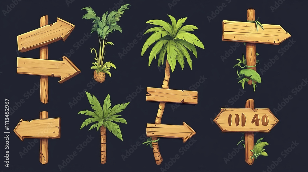 Wood pointer bamboo game ui frame vector. Direction arrow sign board on ...