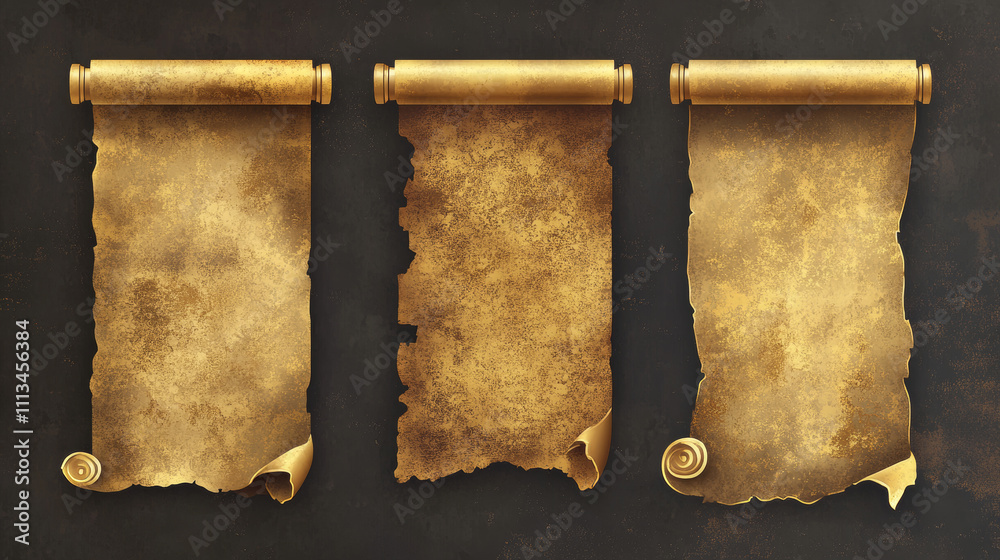 Gold scroll paper set, banner vector illustration isolated on transparent background. Royal ...
