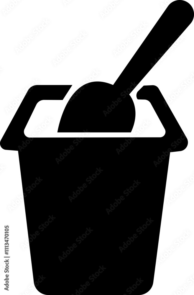 yogurt container with spoon icon, Black simple vector of open plastic ...