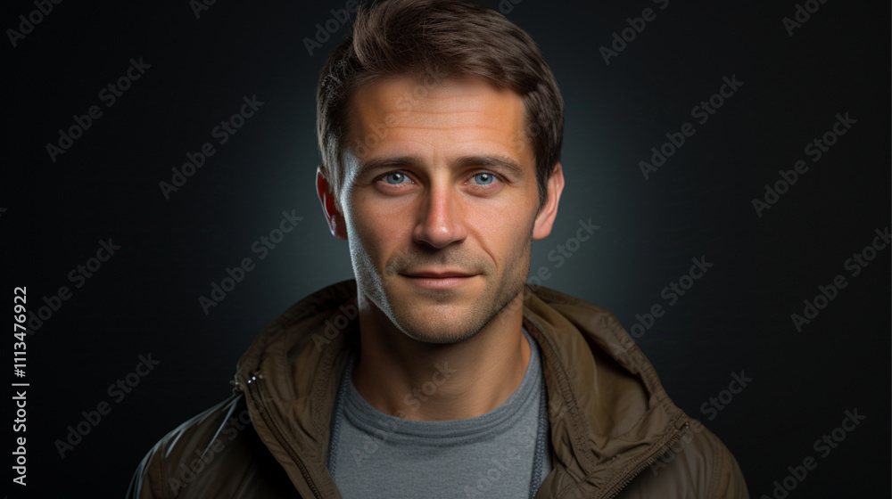 Man in his 40s with handsome face, average physique, slightly smiling ...