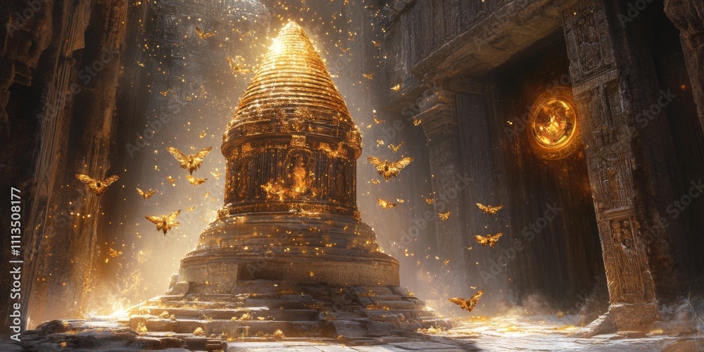 Majestic Ancient Temple Ruins with Glowing Gold Relics and Enigmatic ...