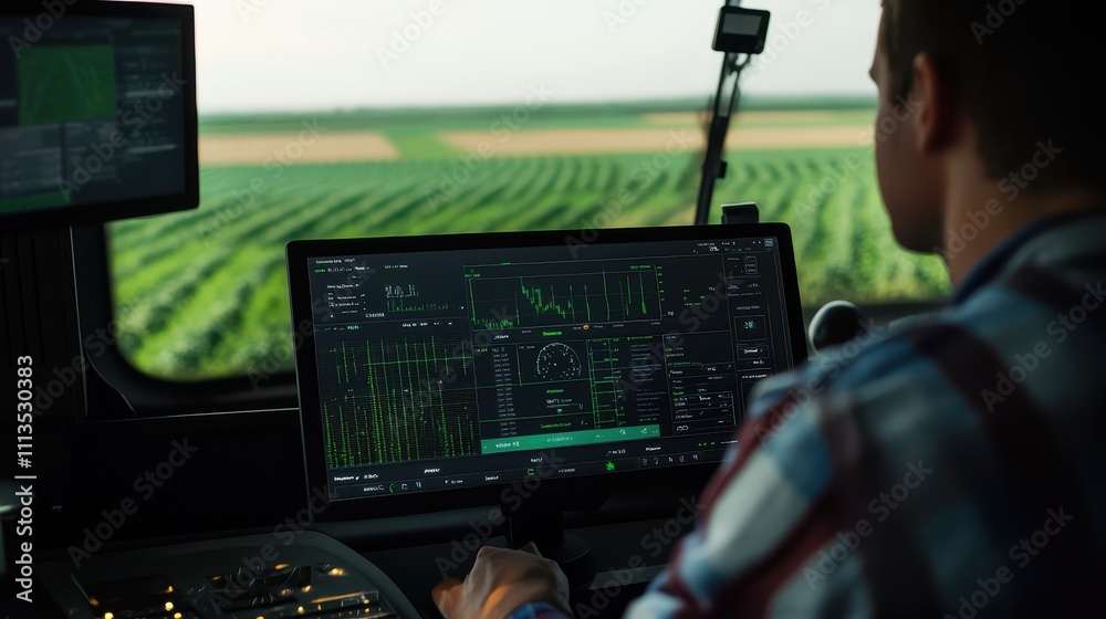 Modern agricultural technology interface with a farmer monitoring crop ...