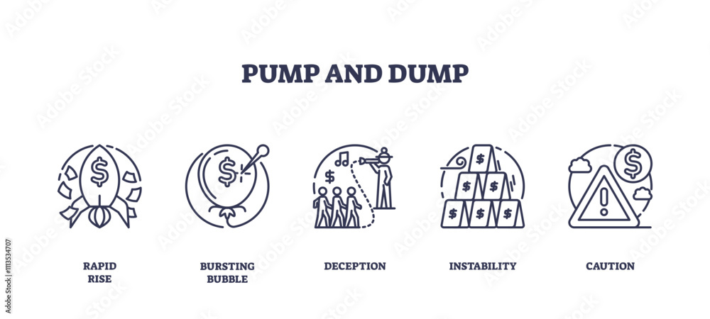 Pump and dump icons depict rapid rise, bursting bubble, and deception ...