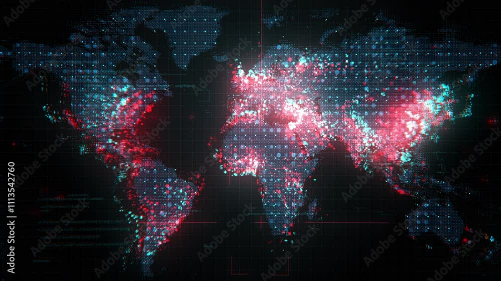 A futuristic digital world map with glowing lines and data points in ...