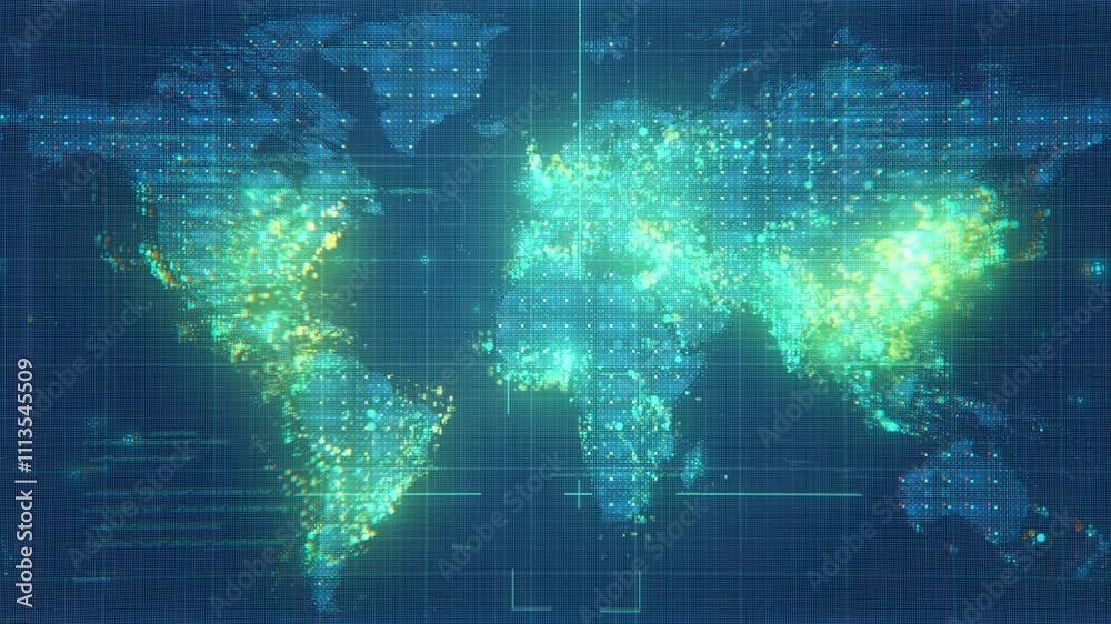 A futuristic digital world map with glowing lines and data points in ...