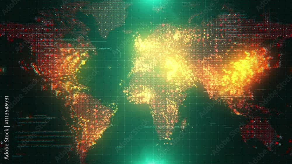 A futuristic digital world map with glowing lines and data points in shades of fiery orange and ...