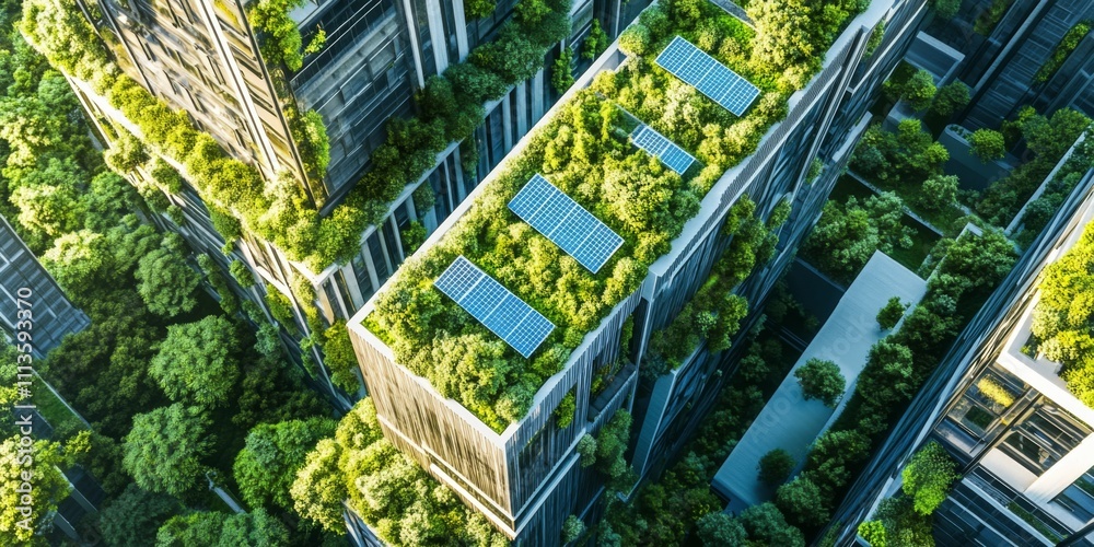 Urban rooftop gardens overgrown with greenery and solar panels ...
