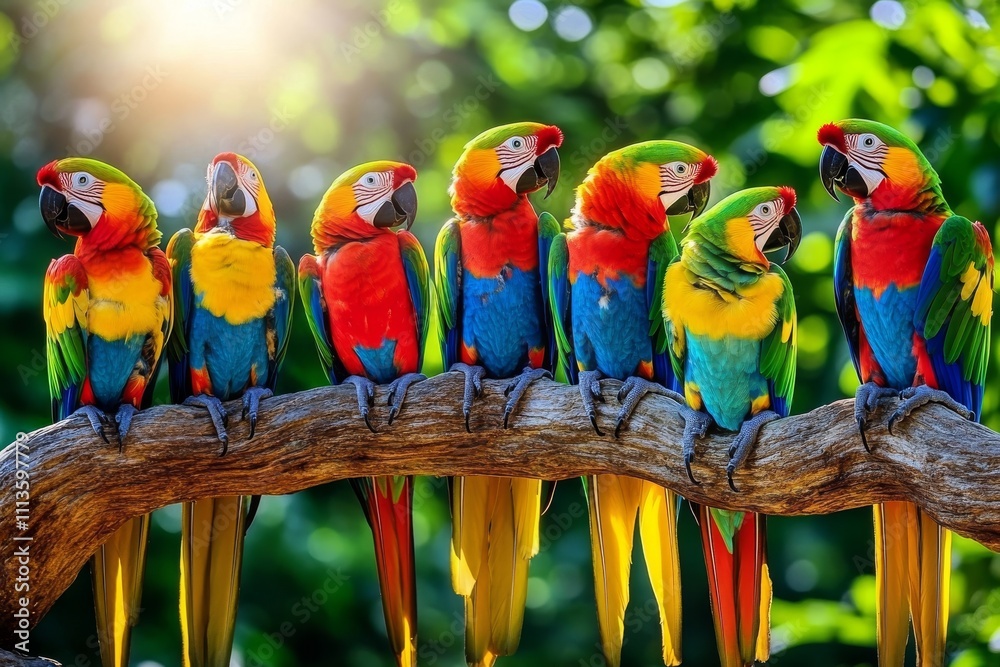 Tropical Harmony Vibrant Macaws Perched in Unity on Curved Branch in ...