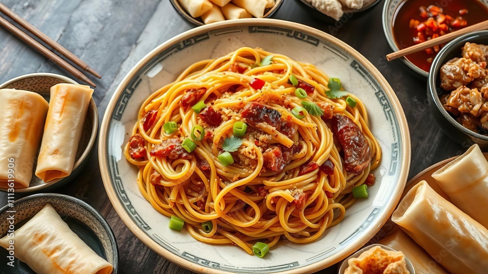 An elegant Chinese cuisine food menu cover featuring a spread of ...