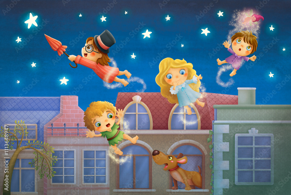 Poster Peter Pan fly with Wendy and her brothers – Wall Art | UkPosters