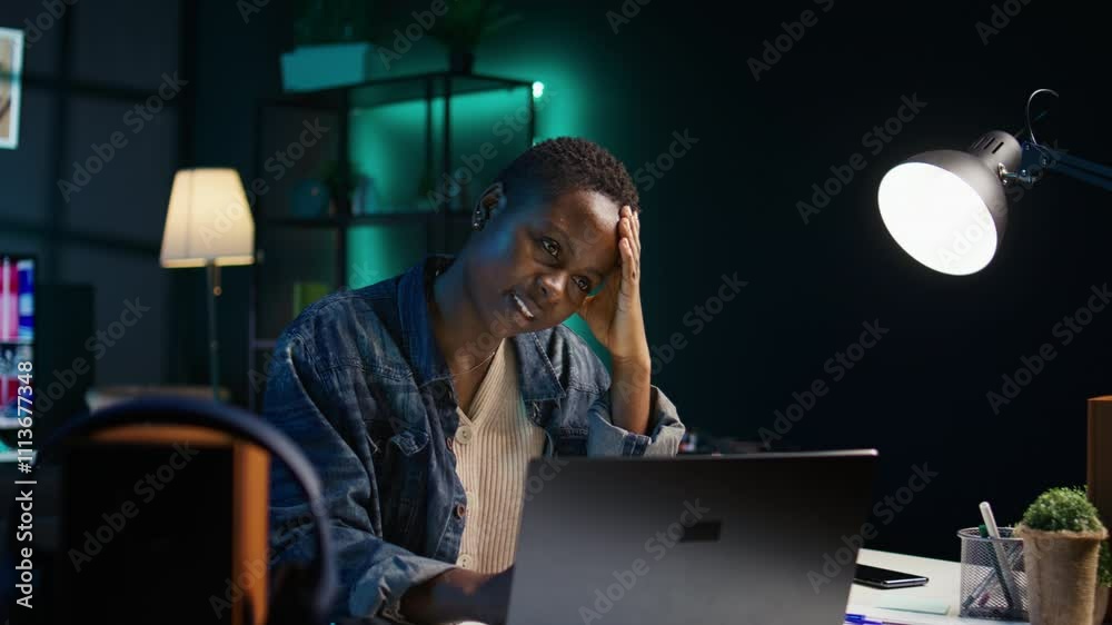 Concerned woman in remote teleconference meeting with friend over the ...