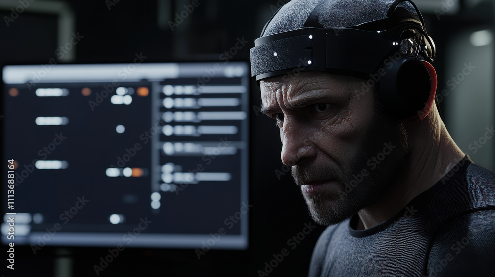 motion capture artist focused on his work, wearing headset and ...