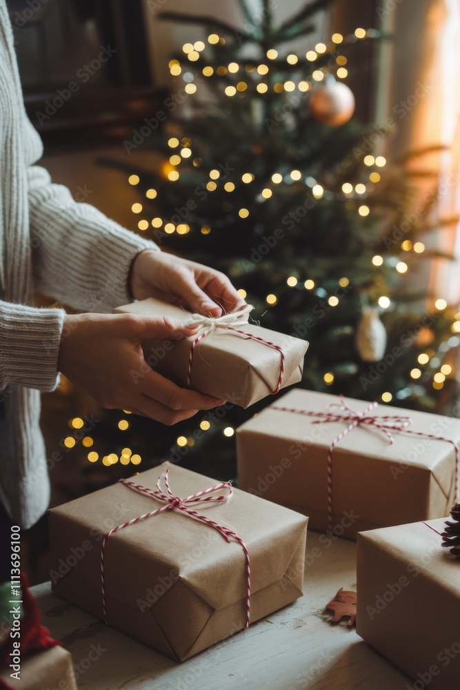 Cozy Christmas Gift Wrapping Scene with Kraft Paper Presents, Red and ...